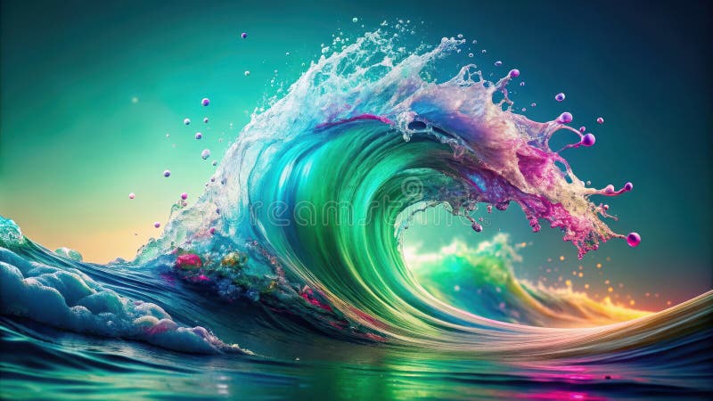 A Vibrant, Iridescent Ocean Wave Crests, Displaying a Spectrum of ...