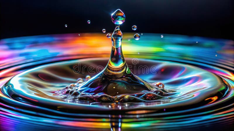 Vibrant Iridescent Water Drop Impacting a Dark Surface, Creating ...