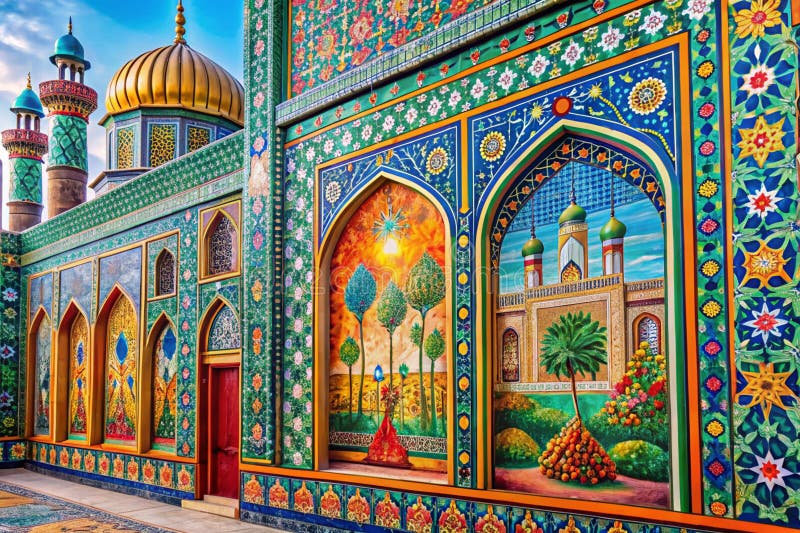 A Vibrant Islamic Mural on a Mosque S Wall Stock Illustration ...