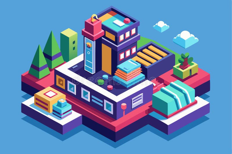 A Vibrant Isometric Design Features Buildings, Trees, and Playful ...