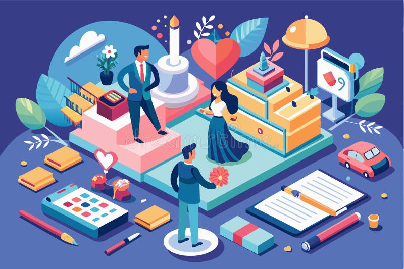 A Vibrant Isometric Design Shows Couples Engaging in Wedding Planning ...
