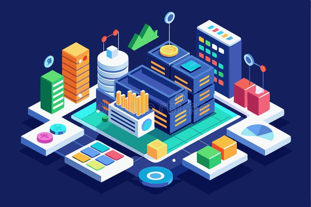 A Vibrant Isometric Illustration Depicting a Data Center Featuring ...