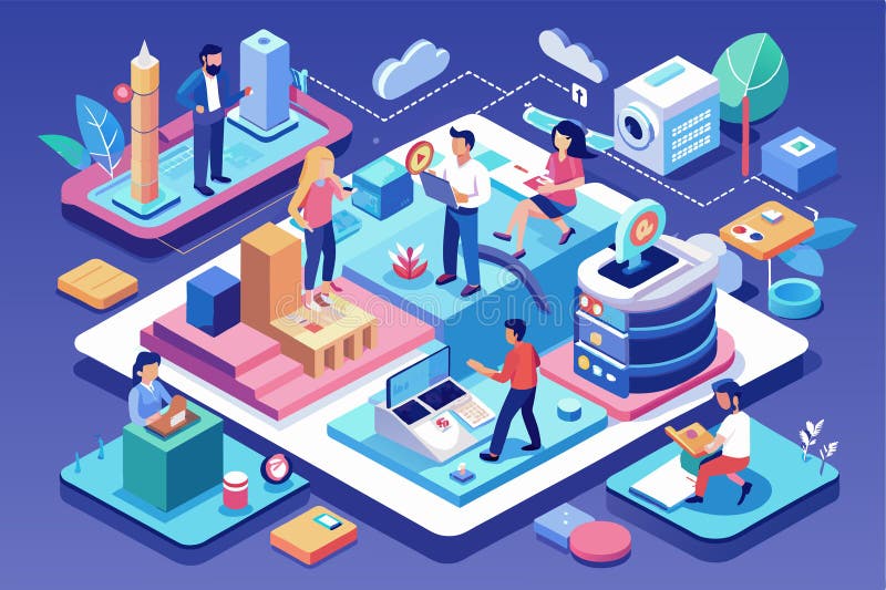 A Vibrant Isometric Illustration Depicts a Diverse Team Engaging in ...