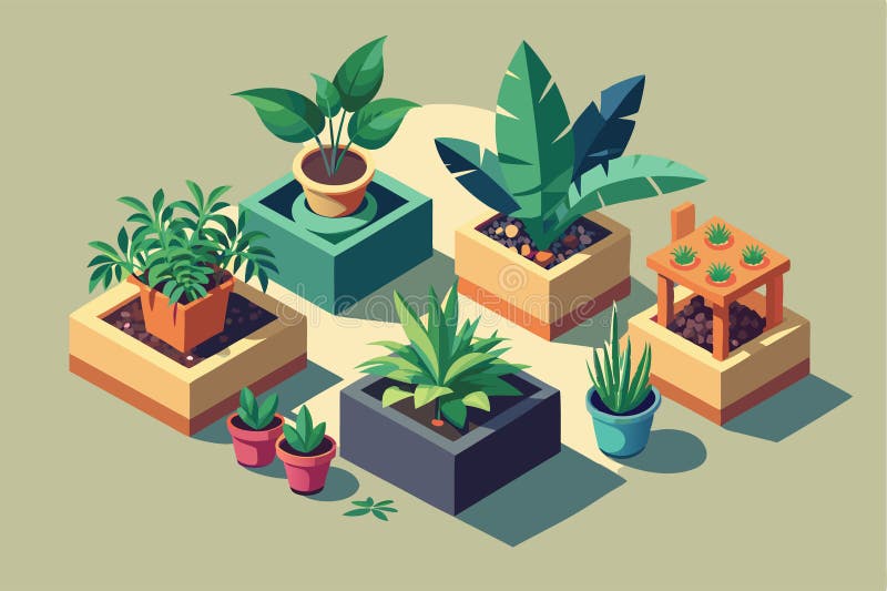 A Vibrant Isometric Illustration Featuring a Variety of Potted Plants ...