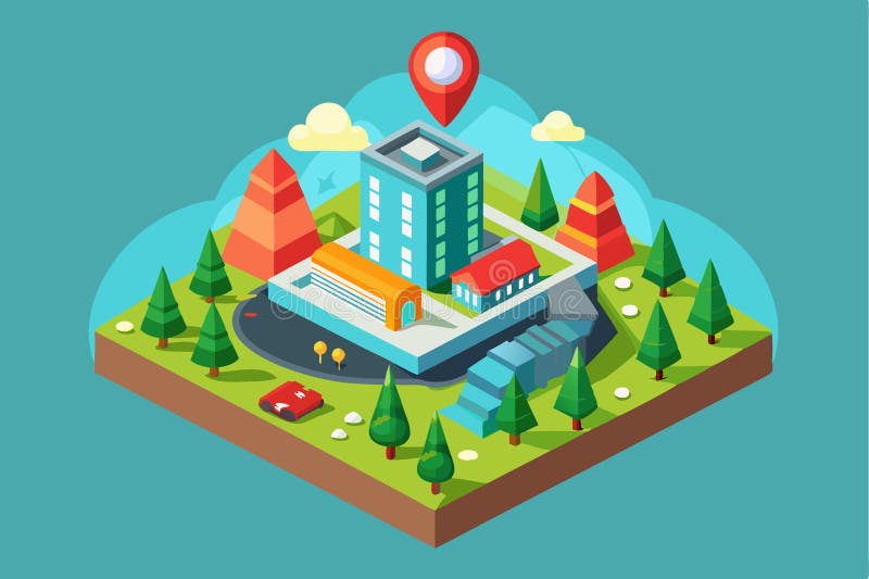 A Vibrant Isometric Illustration Showcases a Modern Building Surrounded ...