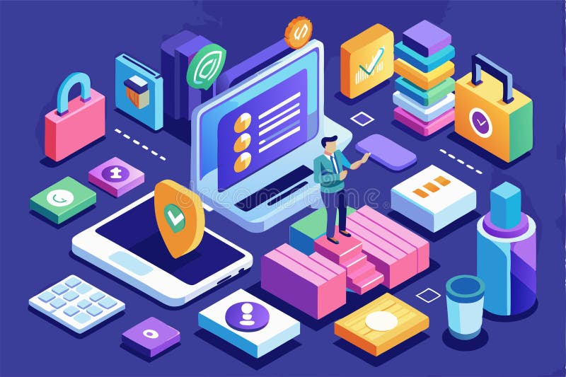 A Vibrant Isometric Illustration Shows a Digital Hub with Security ...