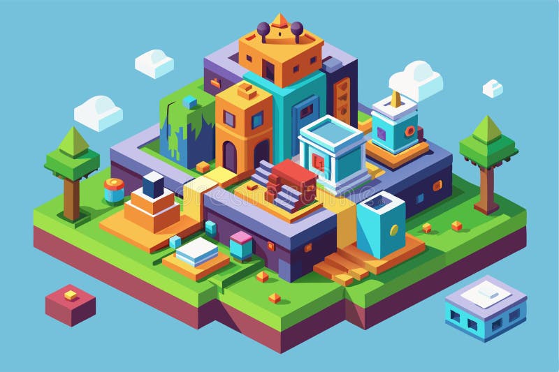 A Vibrant Isometric Landscape Features Various Buildings, Trees, and ...