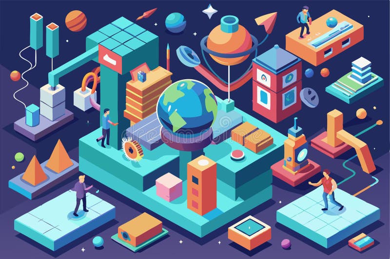 A Vibrant Isometric Landscape Showcases Abstract Shapes, a Globe, and ...