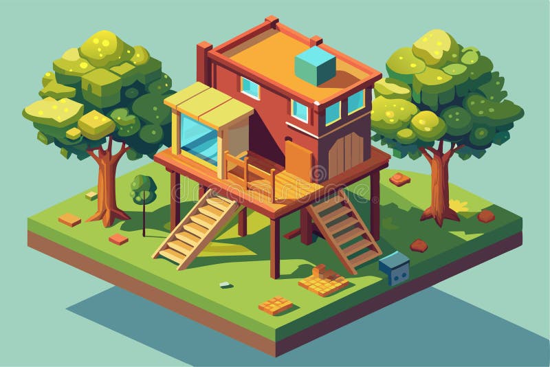 A Vibrant, Isometric Treehouse Design with Stairs, Surrounded by Green ...