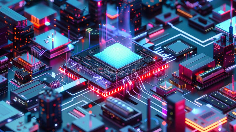 A Vibrant Isometric View of an Advanced Computer Chip Surrounded by ...