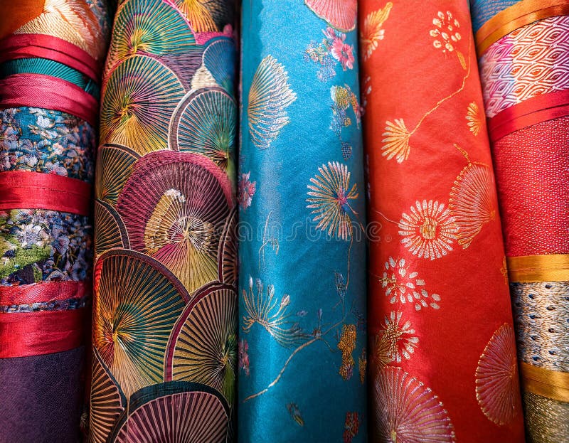 Vibrant Japanese Textiles Featuring Traditional Patterns and Bright ...