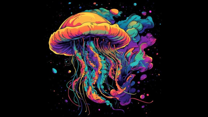 Vibrant Jellyfish Art, Psychedelic Ocean Creature in Rainbow Colors ...