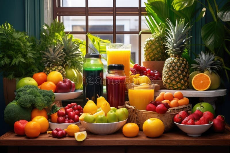 A Vibrant Juice Bar Setup with Juicer and Fruits Stock Illustration ...