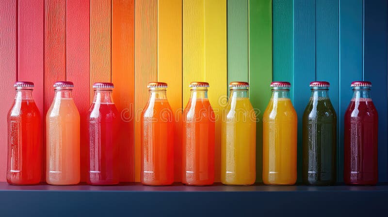 Vibrant Juice Bottles Arrayed in a Spectrum of Colors Against a ...