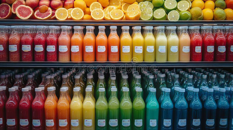 A Vibrant Juice Display with Bottles of Different Fruit Blends Stock ...