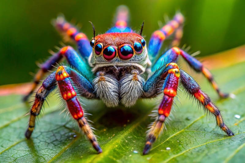 Vibrant Jumping Spider on Leaf, Jungle Background Stock Illustration ...