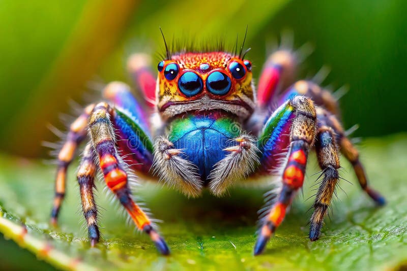 Vibrant Jumping Spider on Leaf, Rainforest Backdrop Stock Illustration ...