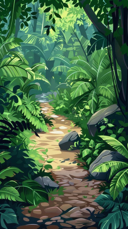 Lush Green Jungle Pathway with Dense Foliage and Sunlight Filtering ...