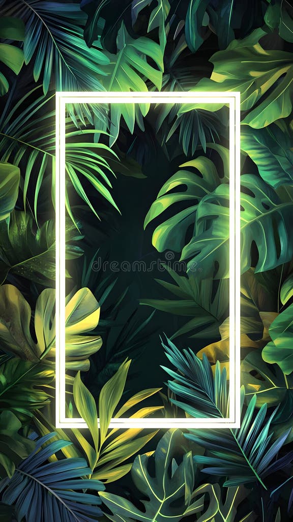 A Vibrant Jungle-themed Background with a Glowing Rectangular Frame for ...