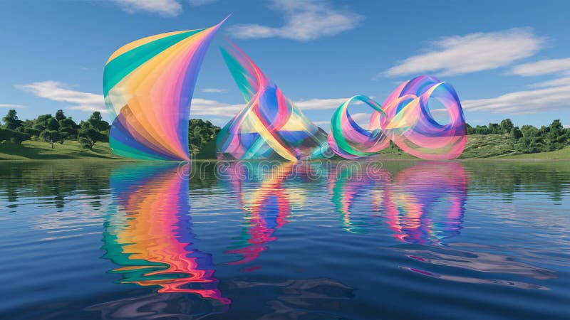 Vibrant Kaleidoscopic Reflections on a Virtual Lake Surface Stock ...
