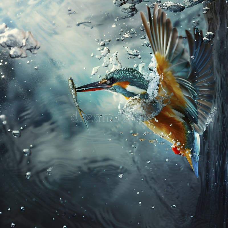 Vibrant Kingfisher Bird Catching a Fish Mid-dive, with Dramatic Water ...