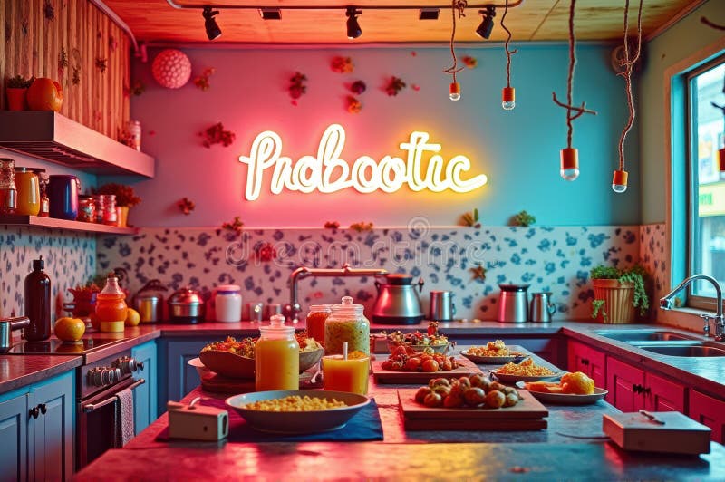 Vibrant Kitchen with Neon Probiotic Sign and Diverse Dishes on Cozy ...