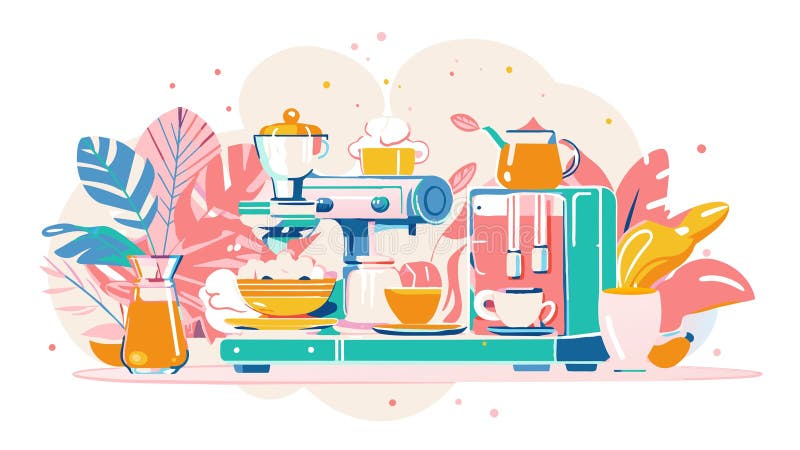 Vibrant Kitchen Scene with Coffee Machine and Breakfast Illustration ...