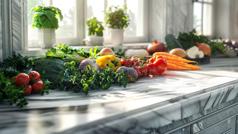 Vibrant Kitchen Scene Fresh Vegetables Overflowing on a White Marble ...