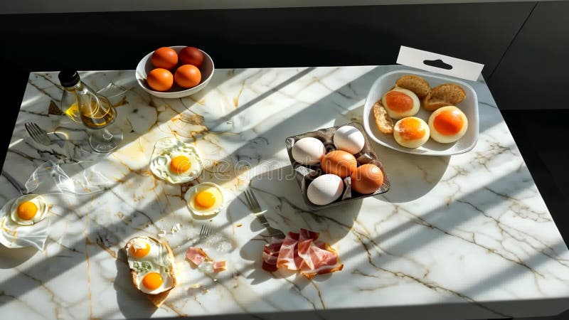 A Vibrant Kitchen Showcases Cooked Eggs and Raw Ingredients on a Marble ...