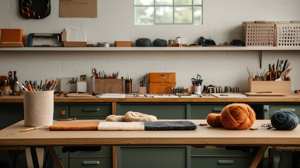 Vibrant Knitting Workshop Scene with Tools and Materials in Cozy ...