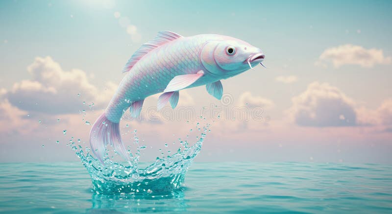 Dreamy Koi Leaps from Crystal Water Against Pastel Sunrise Sky Backdrop ...
