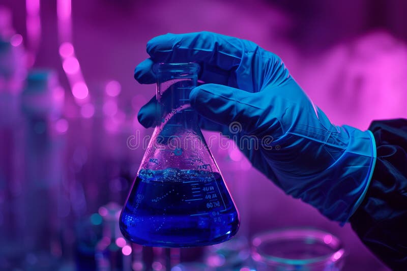 Vibrant Lab Scene with Gloved Hand Holding Erlenmeyer Flask with Blue ...