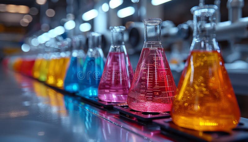 Vibrant Laboratory Flasks with Colorful Chemical Solutions Stock ...