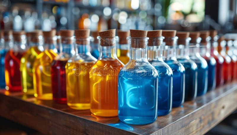 Vibrant Laboratory Flasks with Colorful Chemical Solutions Stock ...