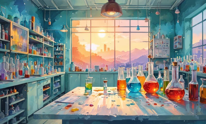 Vibrant Laboratory Scene Features Table with Various Colored Liquids ...