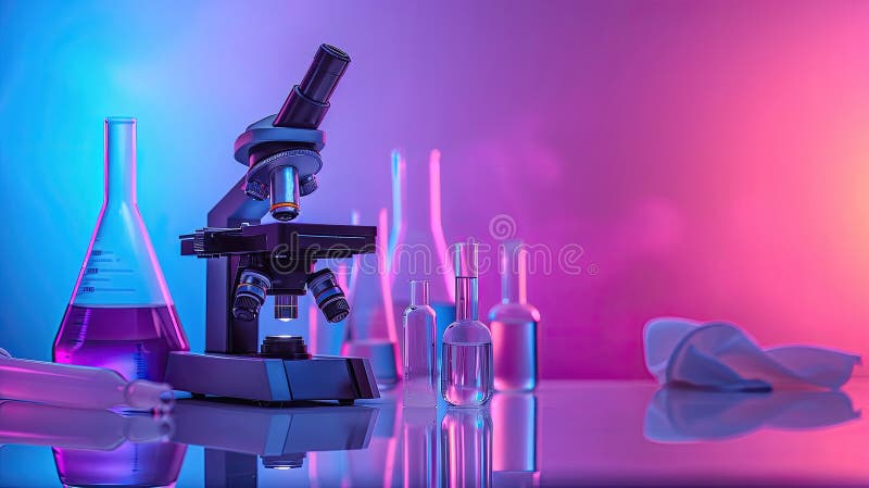 Vibrant Laboratory Scene with Microscope and Colorful Glassware. Stock ...