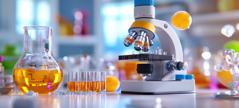 Vibrant Laboratory Scene with Microscope, Test Tubes, and Flasks ...