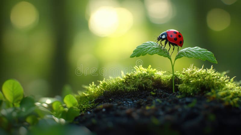 Vibrant Ladybug Resting on Leaf in Lush Green Forest Setting Stock ...