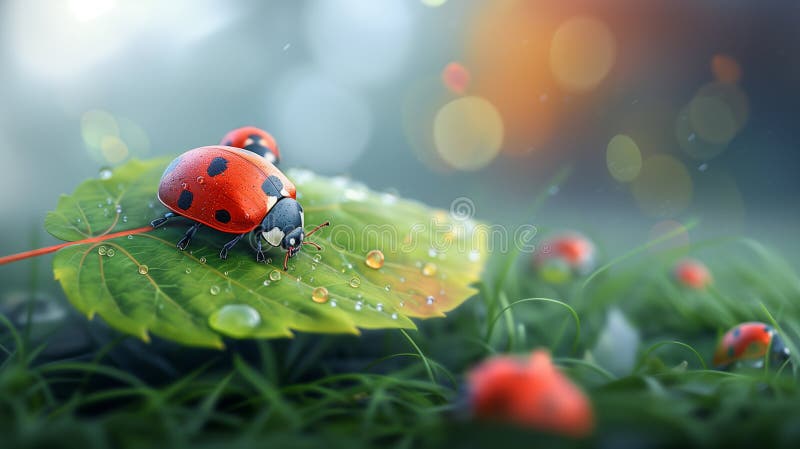 A Vibrant Ladybug Rests on Dewy Green Leaf, Surrounded by Soft Grass ...