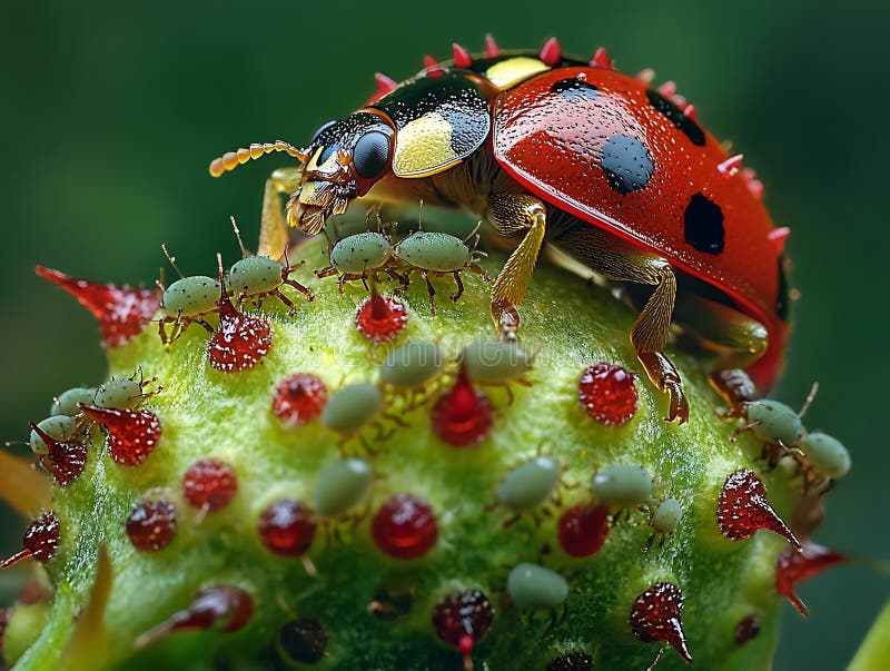Vibrant Ladybug Surrounded by Tiny Aphids on a Spiked Plant Stock ...