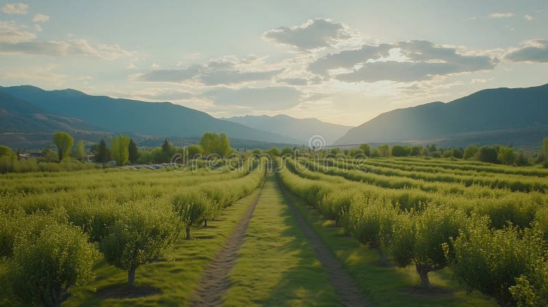 Scenic Orchard Lush Trees Distant Mountains Under Clear Sky Stock ...