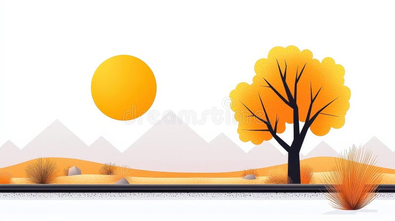 Vibrant Landscape with Bright Sun, Orange Tree, and Desert Mountains ...