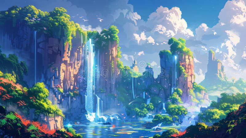 A Vibrant Landscape Featuring Cascading Waterfalls, Lush Greenery, and ...