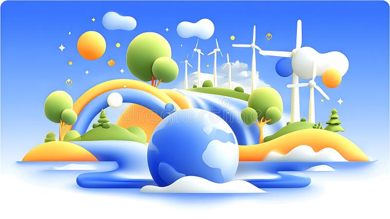 Vibrant Landscape Featuring Globe, Wind Turbines, and Lush Greenery ...