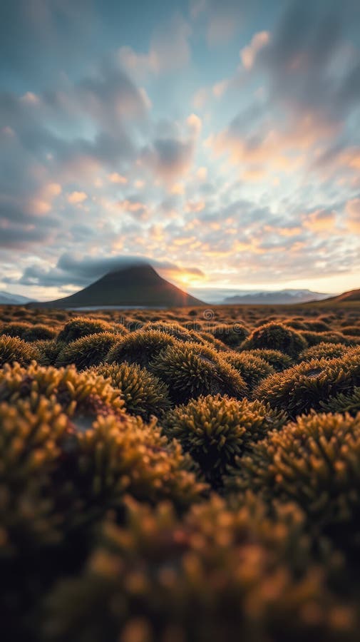 Lush Moss Landscape Under a Dramatic Sky at Sunset with a Mountain in ...