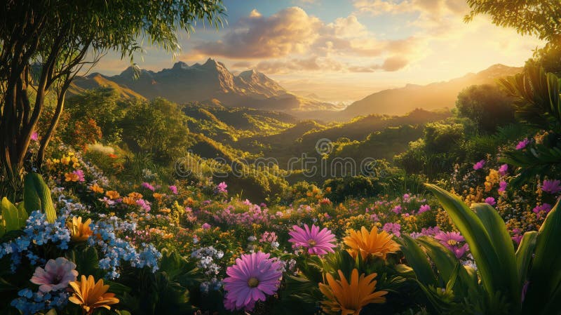 Vibrant Landscape with Mountains, Flowers, and Sunset Stock Photo ...