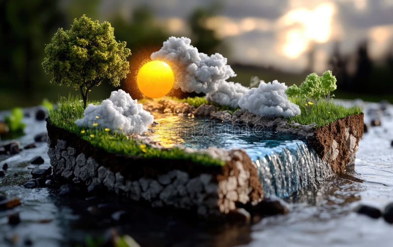 A Vibrant Landscape Showcases the Water Cycle, Featuring a Sun Setting ...
