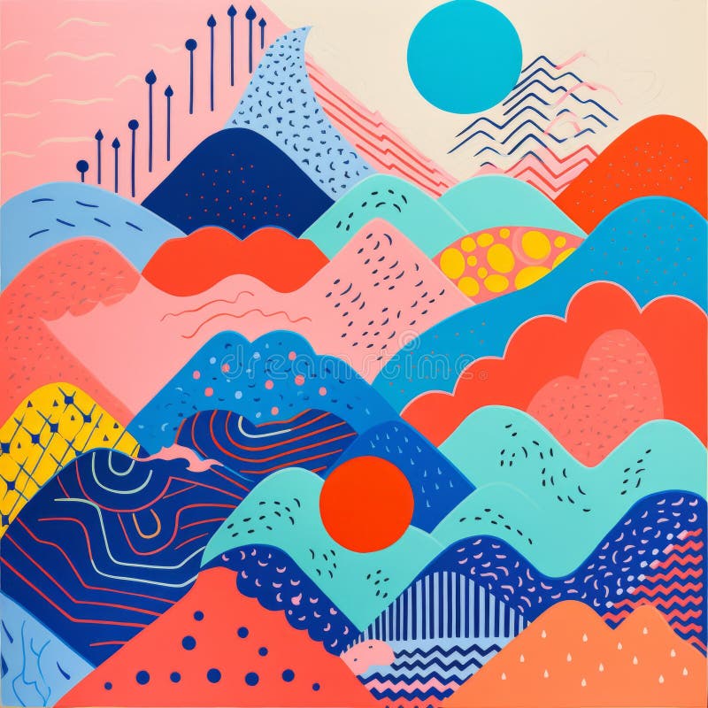 Colorful Memphis Design Painting with Sun and Mountains Stock ...