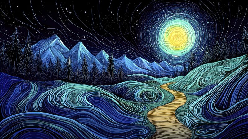 Vibrant Landscape with Starry Sky and Winding Path Under Moonlight ...