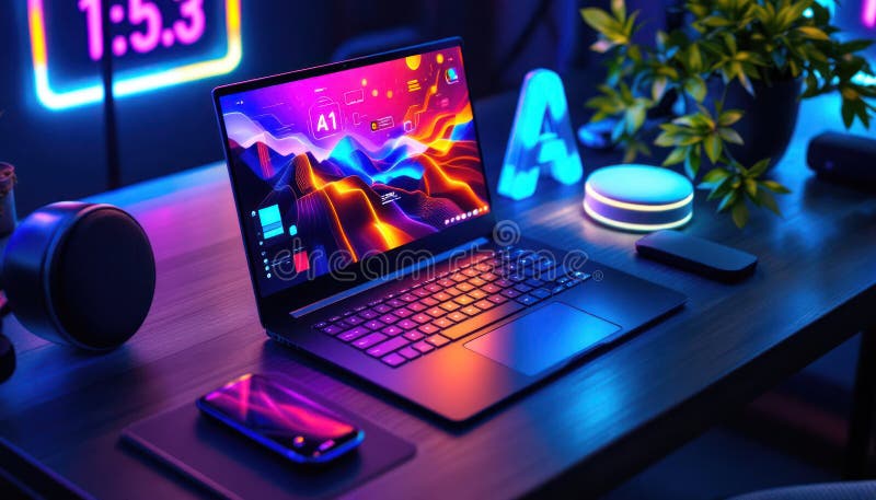 Vibrant Laptop Setup Neon Lights Modern Accessories Stock Photos - Free ...